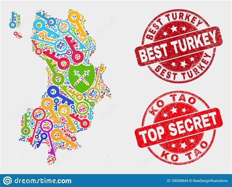 Collage Of Key Ko Tao Map And Scratched Best Turkey Stamp Stock Vector