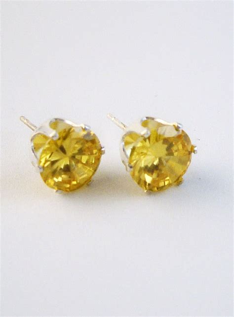 Yellow Sapphire Round Cut Silver Stud Earrings Genuine Cz Cubic Zirconia