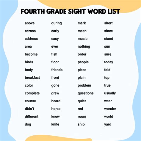 Fourth Grade Sight Word List Dolch Printable