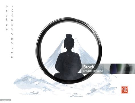 후지야마 산 배경에 검은 엔소 선 원에 명상 부처님의 실루엣 전통적인 일본 식 수묵 화수 스미에 상형 문자 부처님 감사에 대한
