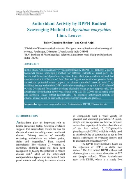 Pdf Antioxidant Activity By Dpph Radical Scavenging Method Of