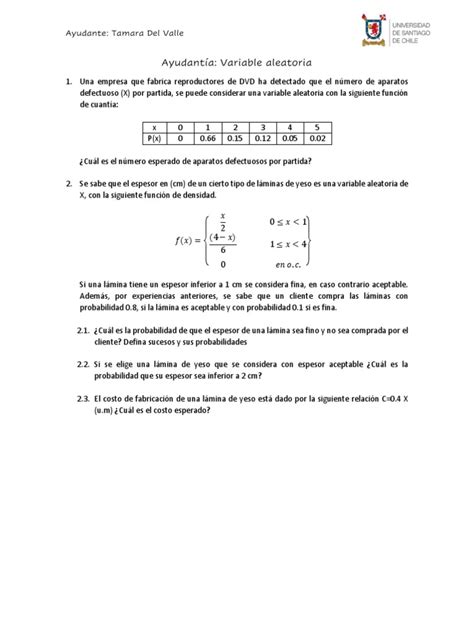 Ayudantía 3 Variable Aleatoria Ejercicios Pdf Variable Aleatoria