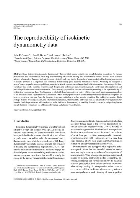 PDF The Reproducibility Of Isokinetic Dynamometry Data