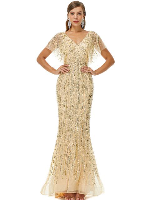 Biggest Sale Champagne Gold Mermaid V Neck Gold Sequins Long Prom Dress