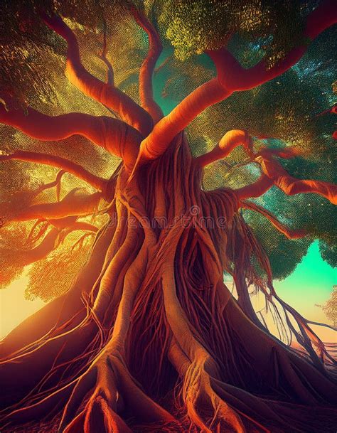 An Old Ficus With Enormous Roots Stock Illustration Illustration Of