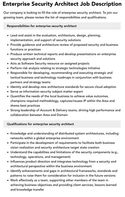 Enterprise Security Architect Job Description Velvet Jobs