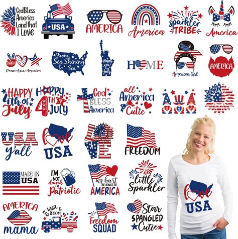 Estune 30 Pcs Patriotic Iron On Transfers Memorial Day Flag