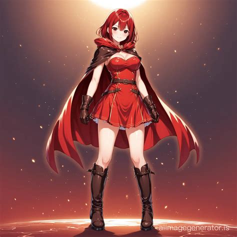 Seductive Anime Girl In Red Dress With Cape Leather Boots And Gloves