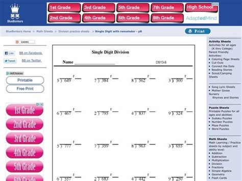 Single Digit Division Worksheet For 4th 8th Grade Lesson Planet
