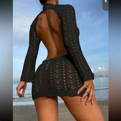 Swim Sexy Sheer Mesh Crochet Lace Cover Up Dress Black Poshmark