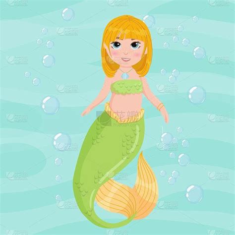 可爱的卡通美人鱼。红头发绿尾巴的小美人鱼。一个神奇的生物。矢量插图孤立在白色背景。