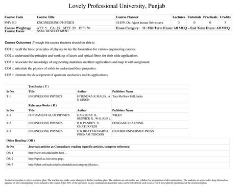PHY Engineering Physics Lovely Professional University Punjab Course Code Course Title
