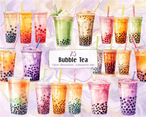 Bubble Tea Watercolor Style Illustrations Colorful Boba Drink Multi