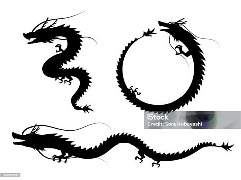 멋진 드래곤 실루엣의 3 종류 용의 해를 위한 연하장 일러스트 자료 용에 대한 스톡 벡터 아트 및 기타 이미지 용 용띠