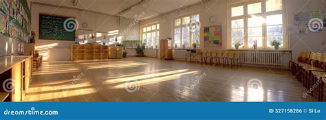 Empty German Classroom With Closed Green Chalkboard And Raised Chairs