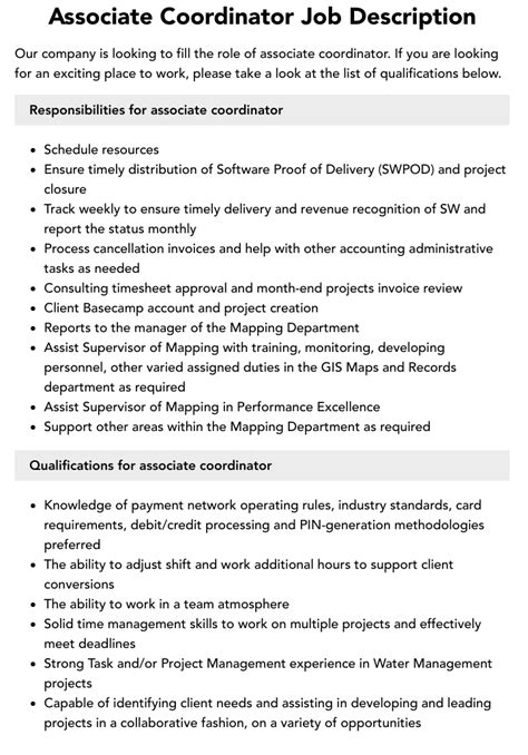 Associate Coordinator Job Description Velvet Jobs