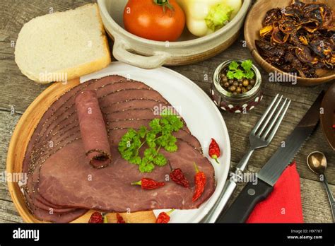Cold Roast Beef On A Wooden Table Delicacy Of Beef Preparing Cold