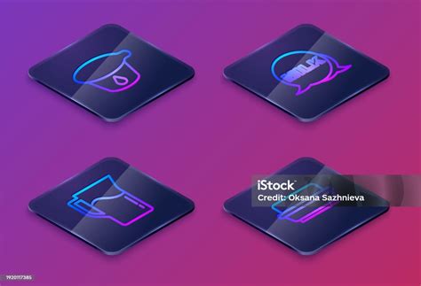 아이소메트릭 라인 요거트 용기 우유 용기 또는 피처 레터링 우유 및 버터 버터 접시를 설정합니다 파란색 사각형 버튼입니다 벡터 0명에 대한 스톡 벡터 아트 및 기타 이미지