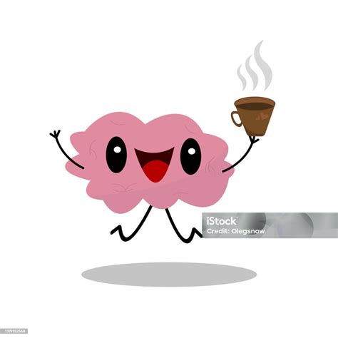만화 캐릭터 두뇌 웃고 흰색 배경에 손 개체에 향기로운 커피와 컵을 들고 점프 뇌에 대한 스톡 벡터 아트 및 기타 이미지 뇌