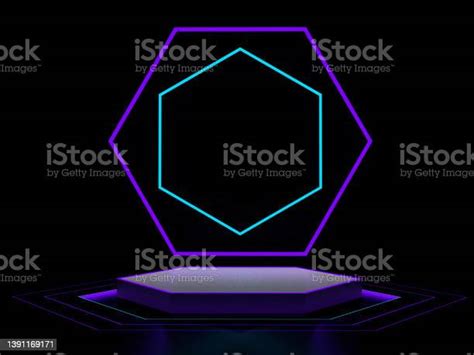 네온 라이트 연단 사실적인 파란색 육각형 프레임 배경 3d 렌더링으로 제품 디스플레이 광고를위한 추상 육각형 무대 플랫폼 0명에 대한 스톡 사진 및 기타 이미지 Istock