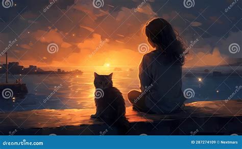 Anime Girl And Cat Illustration Phone Wallpaper Stock Illustration Illustration Of Vacation