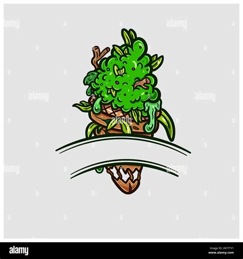 Cartoon Mascot Of Weed Bud Ice Cream With Blank Sign Line Logo Vector