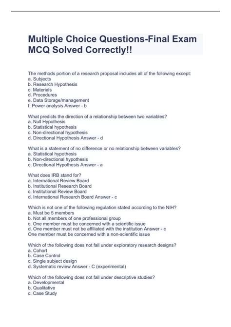 Multiple Choice Questions-Final Exam MCQ Solved Correctly!! - MCQ - Stuvia US