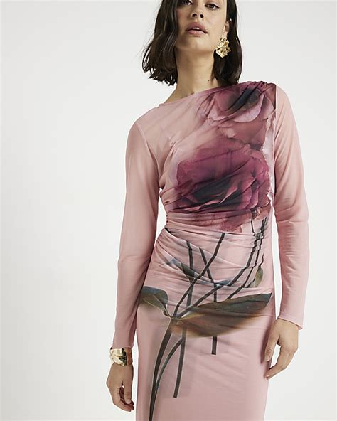 Pink Mesh Floral Bodycon Midi Dress River Island