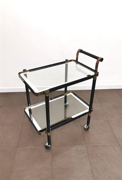 Midcentury Bar Cart Brass Glass Black Enameled Aluminum Italian Design
