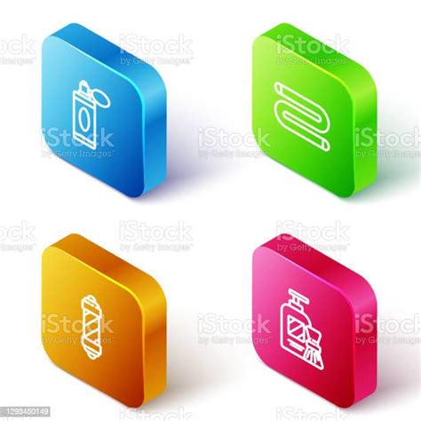 분무기 타월 클래식 이발소 장대 면도 젤 폼 및 브러시 아이콘이있는 Isometric 라인 애프터 쉐브 병을 설정합니다 벡터 3