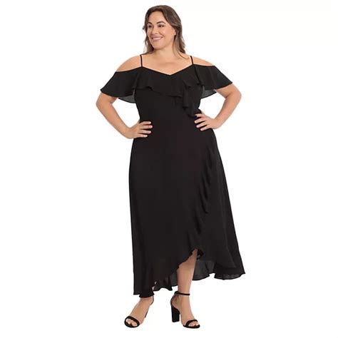 Plus Size London Times Cold Shoulder Ruffle Faux Wrap Dress
