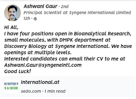 Vaibhav Jain Phd On Linkedin Job Opening At Syngene