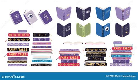 Books Closed Open Spines Illustrations Set Stock Vector