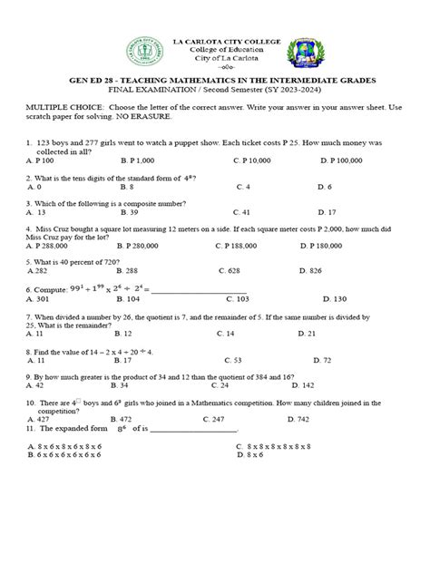 Final Exam 2023 2024 Pdf Decimal Numbers