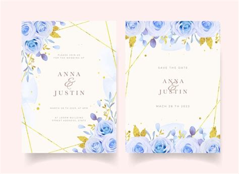 Conjunto De Tarjeta Con Flores Plantilla De Invitación De Boda Azul