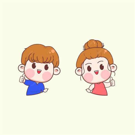 Милый мальчик и девочка показывают большой палец вверх мультфильм вектор Премиум векторы