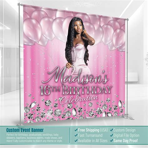 Custom Sweet 16 Birthday Step And Repeat Backdrop Pink Balloon Diamond