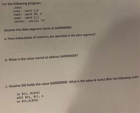 solved for the following program data num1 word 3 9