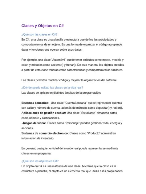 Clases Y Objetos En Csharp Url Pdf Objeto Informática Clase
