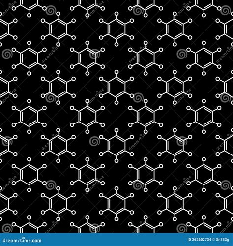 Vector Dark Seamless Pattern With Linear Hexagonal Chemical Formulas Stock Illustration