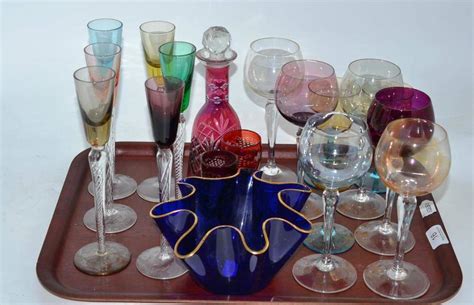 Lot 16 Six Twisted Stem Glasses Cranberry Decanter