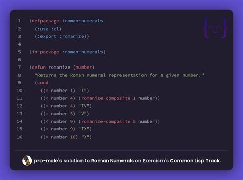 Pro Moles Solution For Roman Numerals In Common Lisp On Exercism