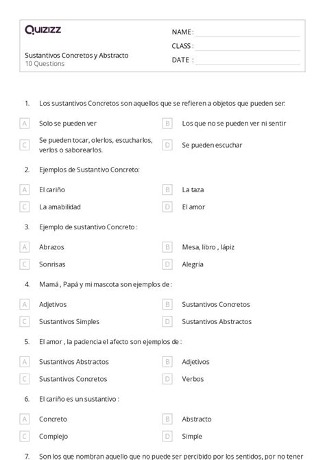 50 Sustantivos Abstractos Hojas De Trabajo En Quizizz Gratis E