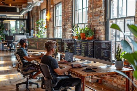 Two Programmers Working On Multiple Monitors In A Modern Brick Loft Office Stock Illustration