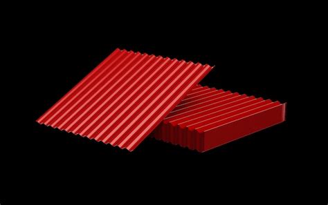 지붕 시트 검정색 배경 3d 그림에 대한 골판지 아연 도금 철의 3d 빨간색 금속 스택 프리미엄 사진