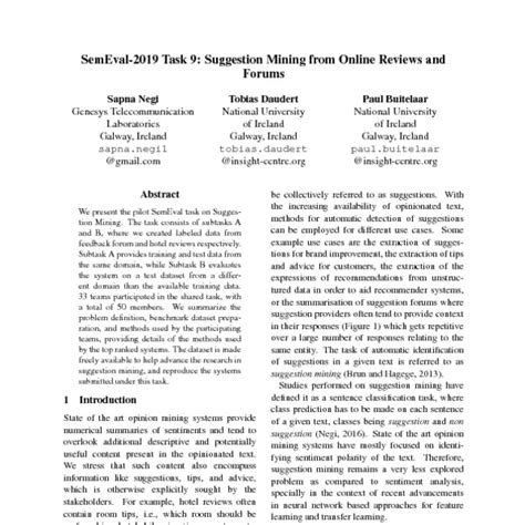 Semeval 2019 Task 9 Suggestion Mining From Online Reviews And Forums Acl Anthology