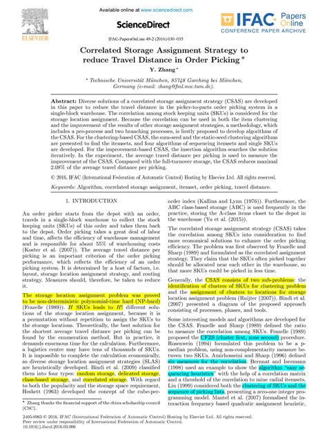 2016 correlated storage assignment strategy to reduce travel distance