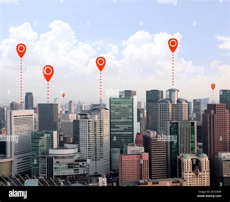 Network Connection Concept Aerial View On Osaka With Red Location Pin