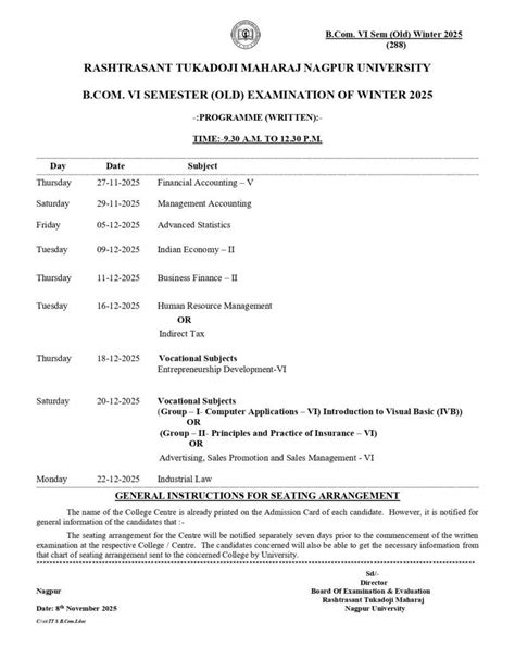 Rtmnu B Com 6 Sem Time Table Winter 2025
