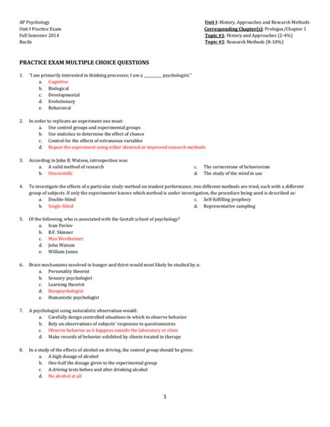 Ap Psychology Unit 1 Practice Exam History And Research